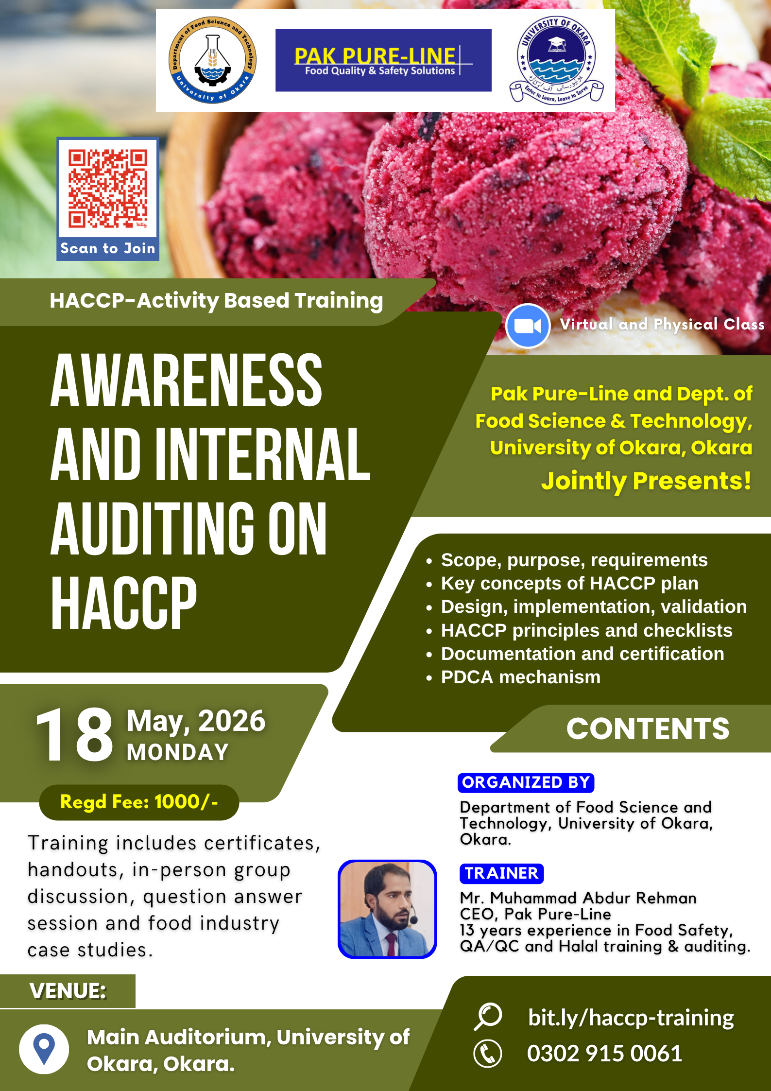 Awareness and Internal Auditing on HACCP, University of Okara, 18 May ...