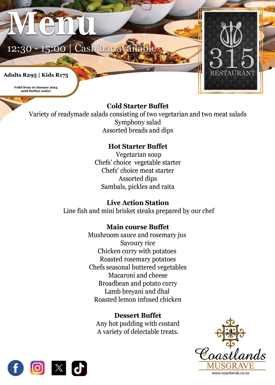 Weekday and Saturday lunch buffet @ Coastlands Musgrave Hotel Tickets ...