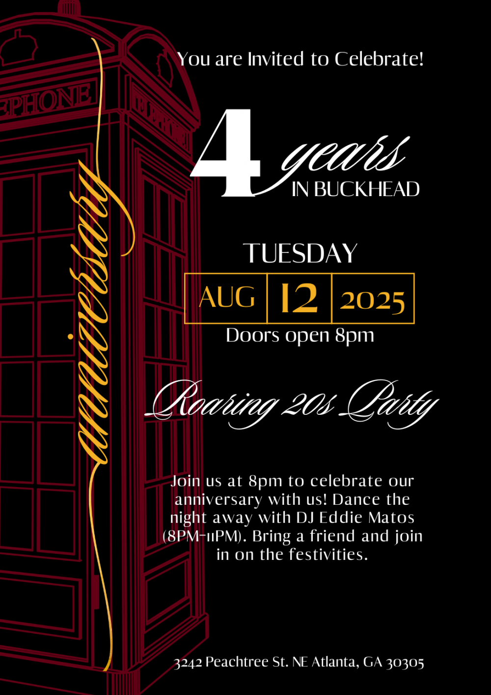 Red Phone Booths Roaring 20s 4th Anniversary Party, Red Phone Booth ...