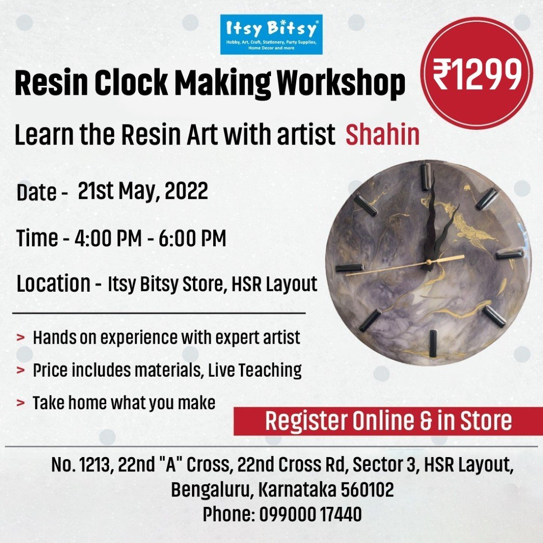 Resin clock making workshop, Itsy bitsy HSR layout, Bangalore, 21 May ...
