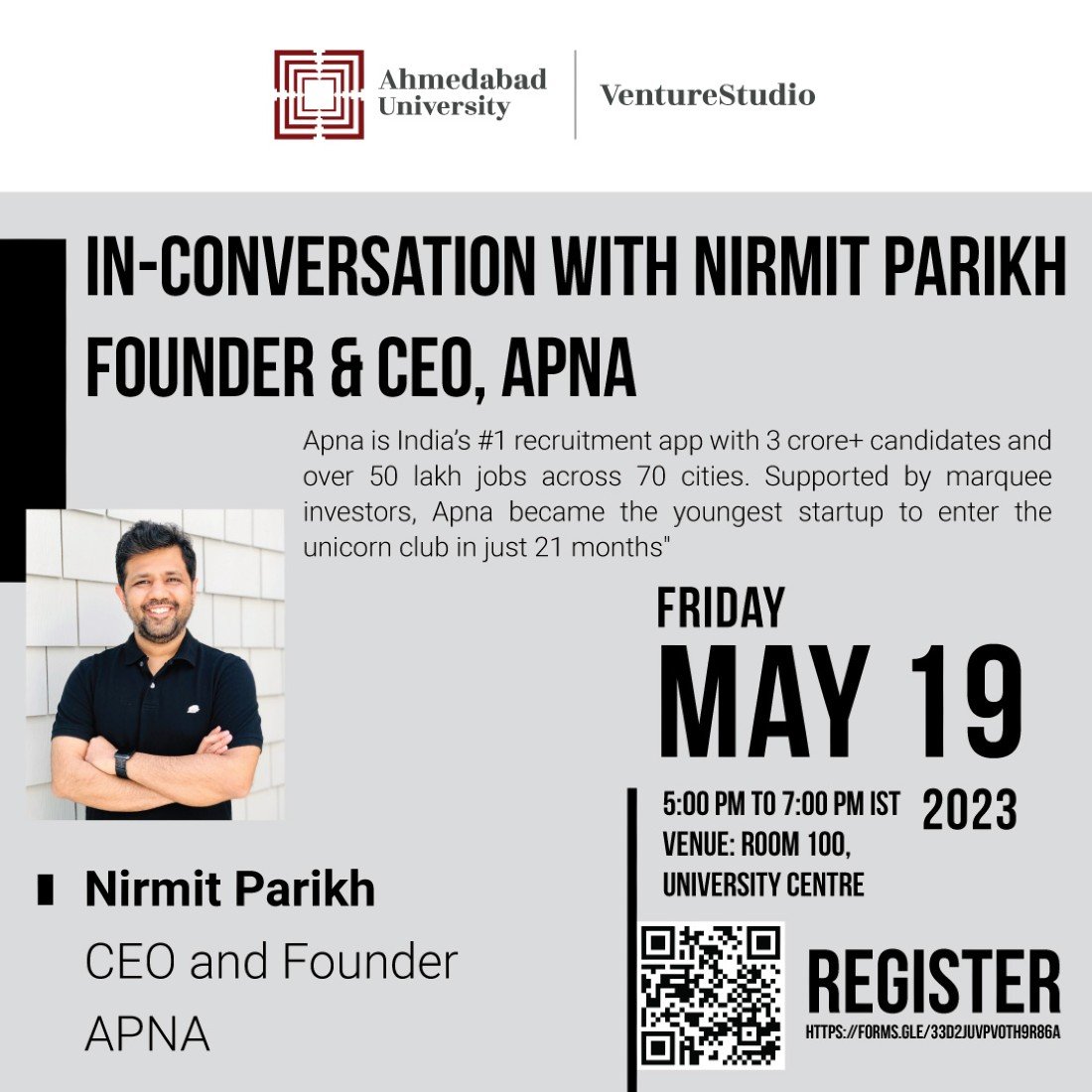In-conversation with Unicorn Startup founder, Nirmit Parikh (Founder & CEO - Apna), Room No 100 ...