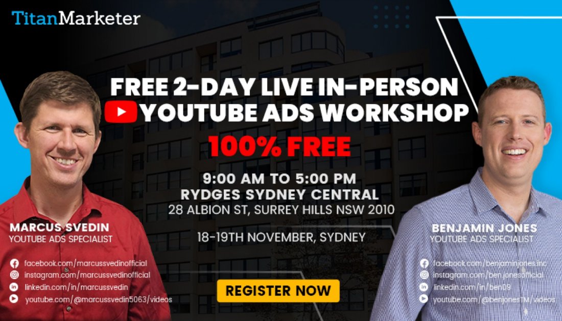 Free YouTube Ads For Profit Workshop (In-Person) - Sydney, Rydges ...