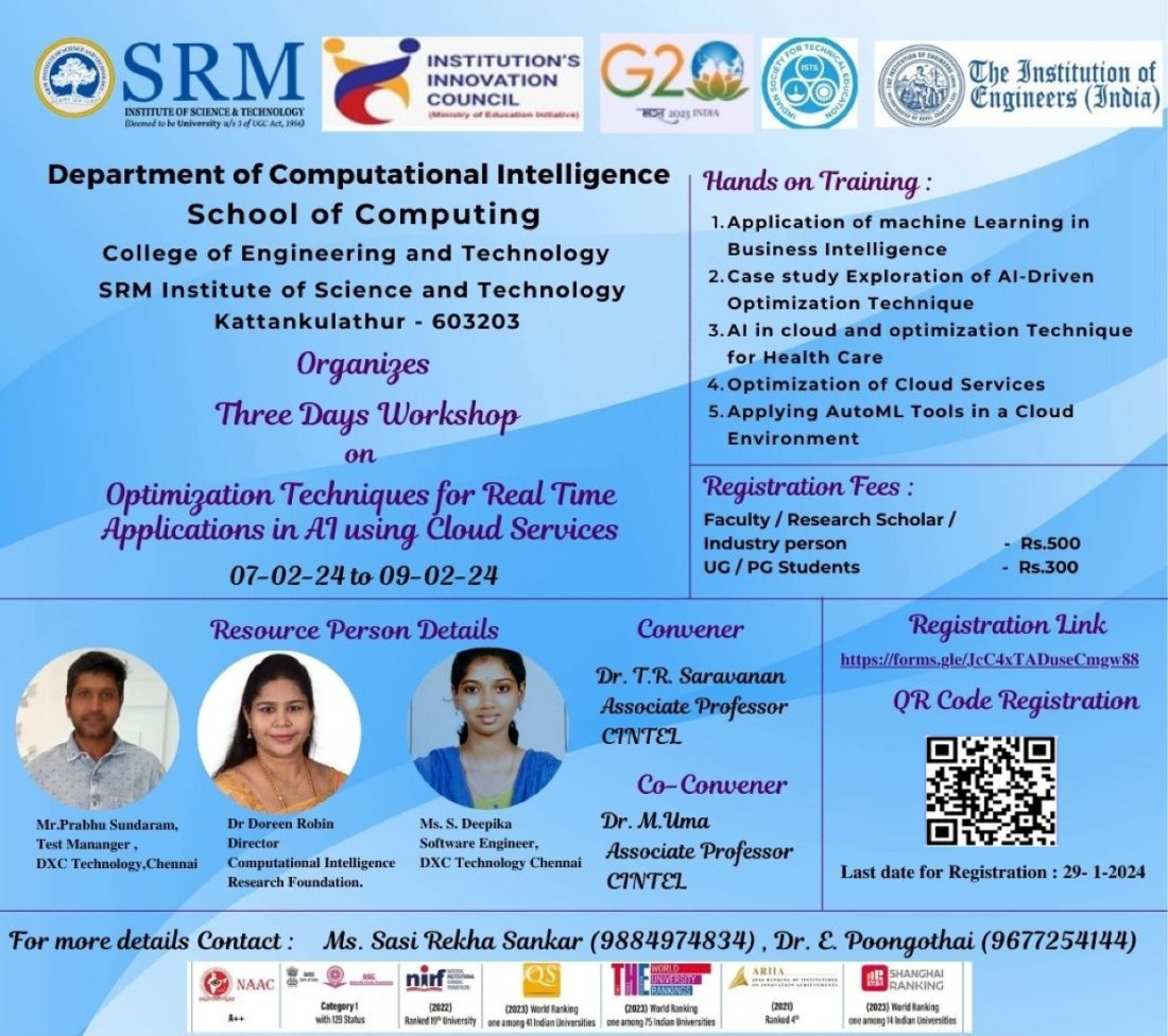 Workshop on Optimization Techniques for Real Time Applications in AI using Cloud Services, SRM ...