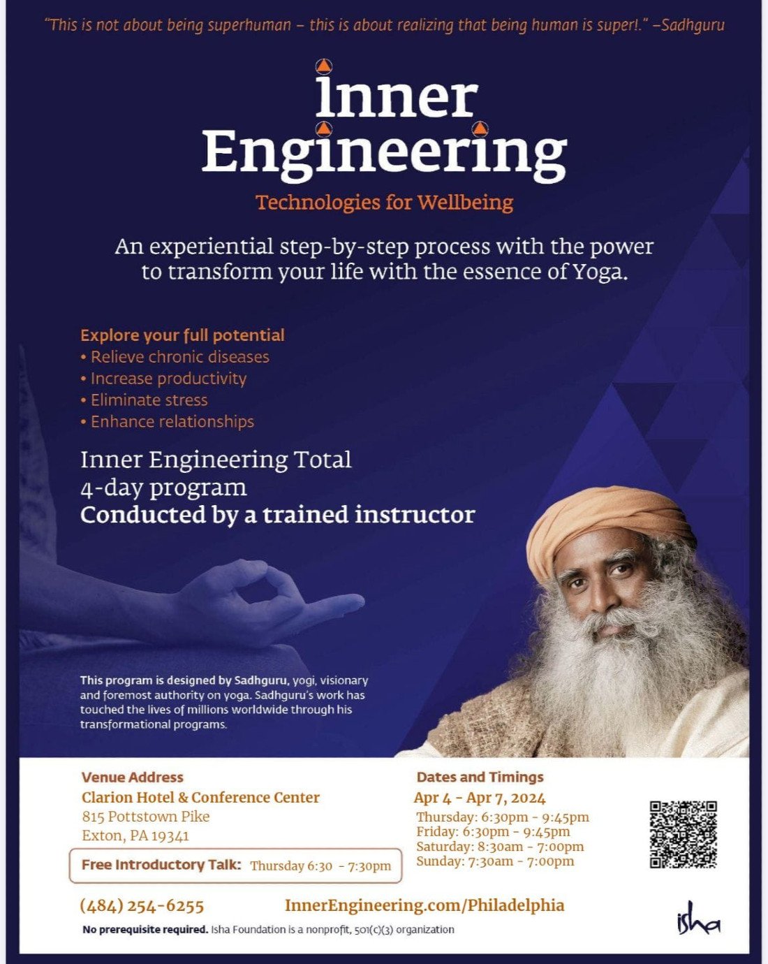 Inner Engineering Total, Clarion Hotel, Exton, 4 April to 7 April ...