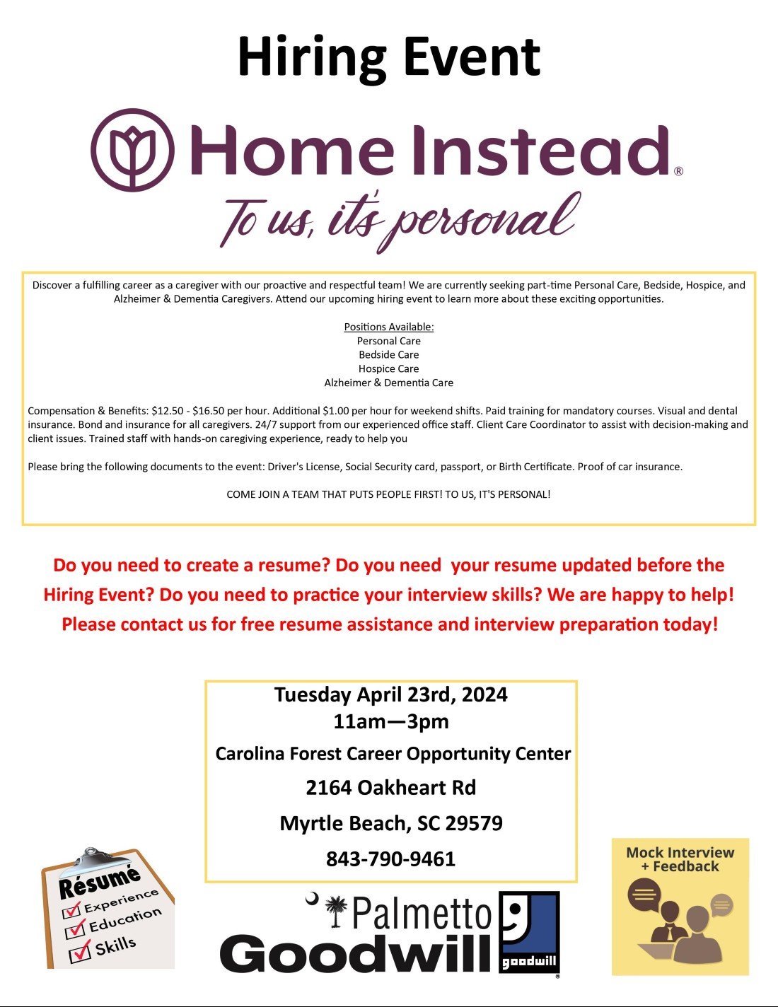 Home Instead Hiring Event, Carolina Forest Career Opportunity Center ...