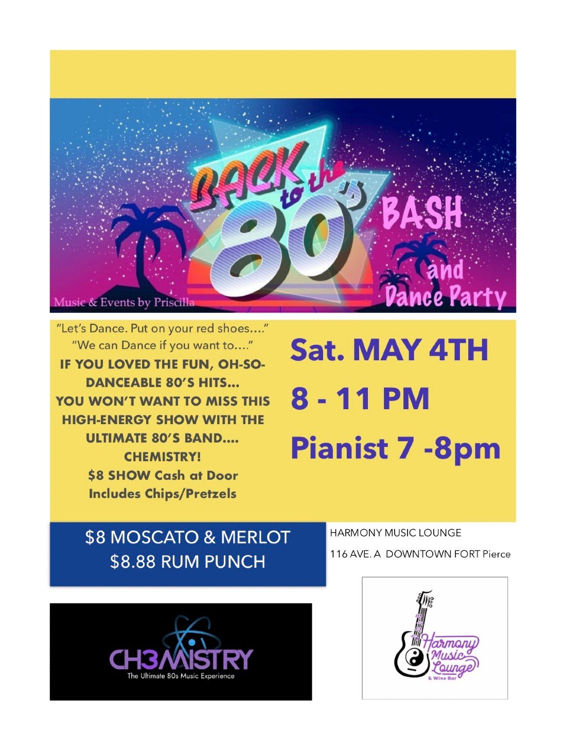 80s BASH & DANCE PARTY w/ CHEMISTRY Band!, HARMONY Music Lounge & Bar ...