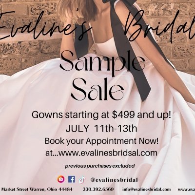 Bridal Sample Sale, Evaline’s Bridal , Warren, 11 July to 13 July ...