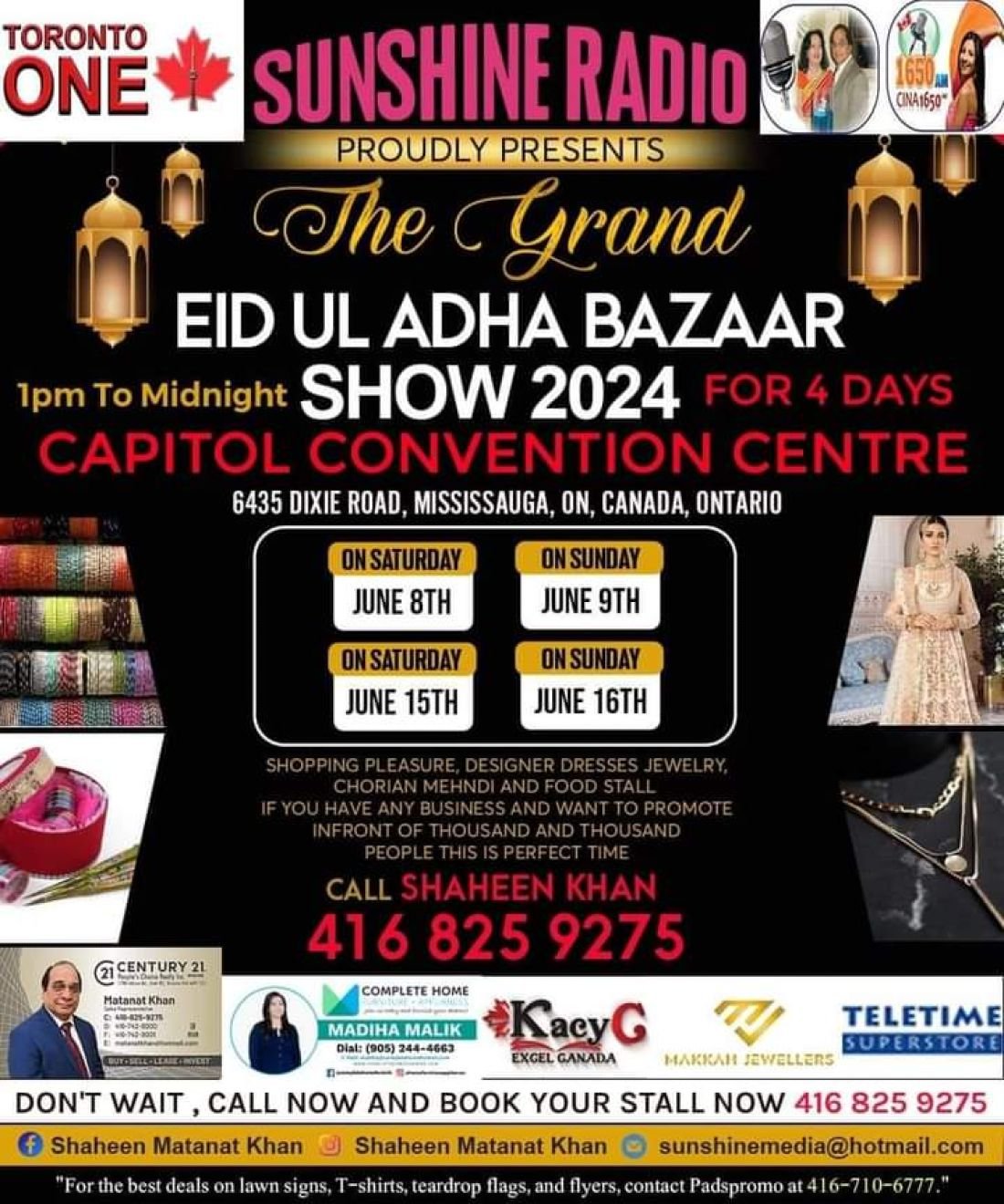 Eid ul adha Bazaar by Sunshine Radio, Capitol Banquet Hall, Mississauga, 8 June to 9 June ...