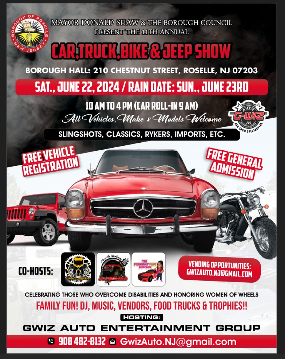 FREE: Car, Truck, Bike & Jeep Show, City Hall: 210 Chestnut Str., Roselle, NJ. 07203 , 22 June ...