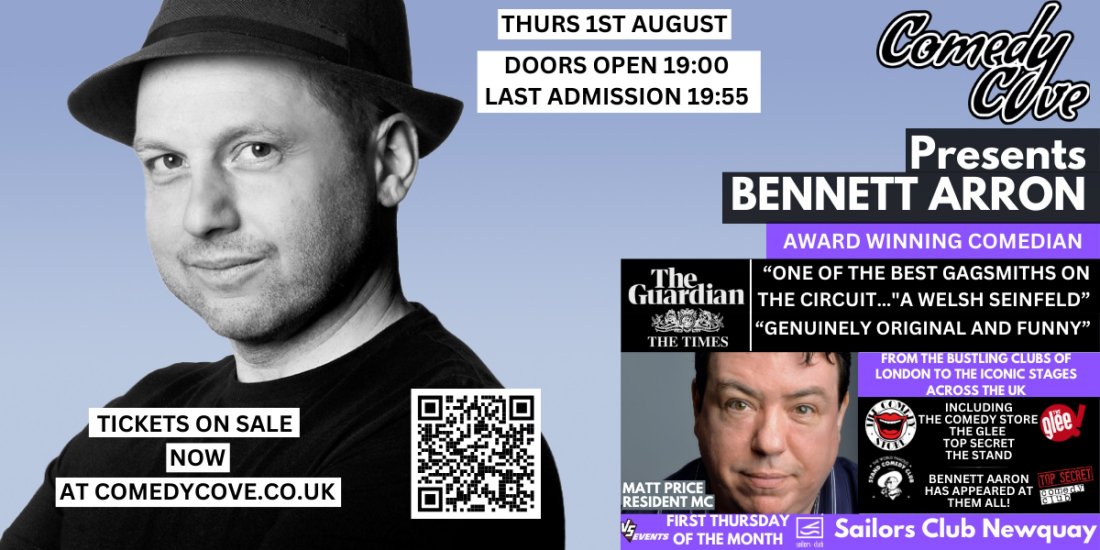 Comedy Cove Presents Bennett Arron, Sailors Club, Newquay, 1 August ...