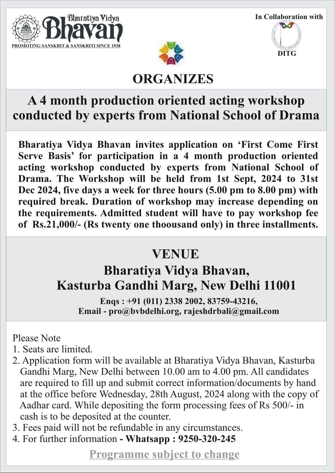 ACTING WORKSHOP BY EXPERTS FROM NSD, Bharatiya Vidya Bhavan, New Delhi ...