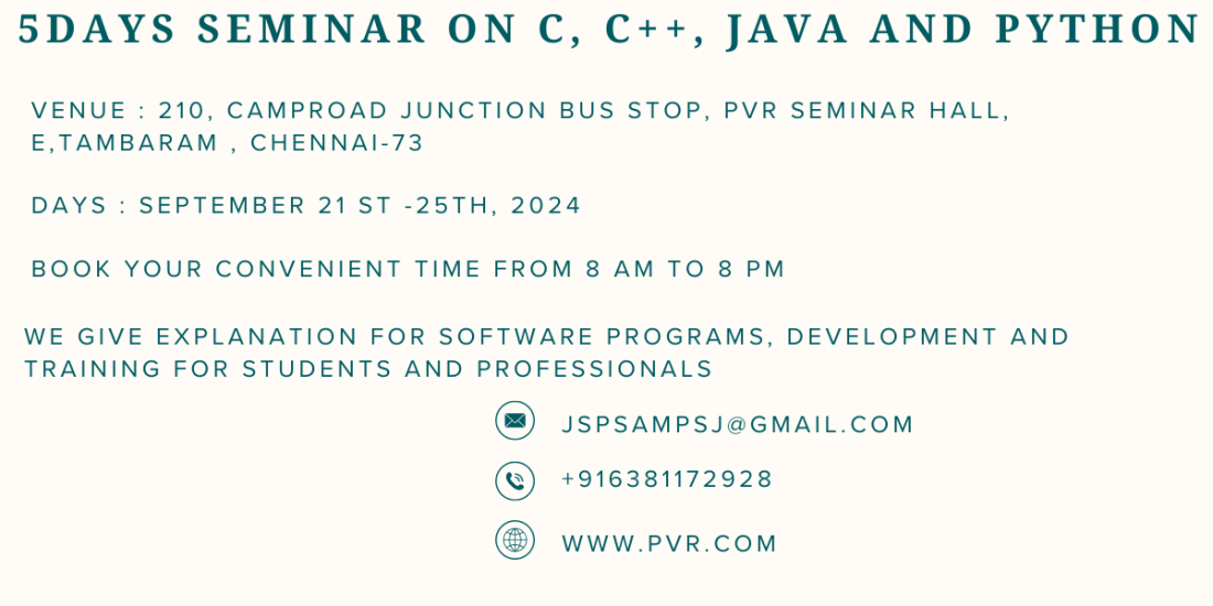 5 DAYS SEMINAR IN C, C++, JAVA AND PYTHON, Chennai | AllEvents