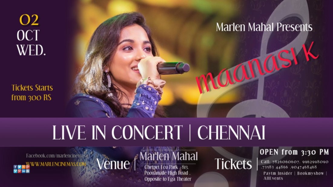 Maanasi K Live Concert Chennai in Chetpet Eco Park | Promoted by Marlen ...