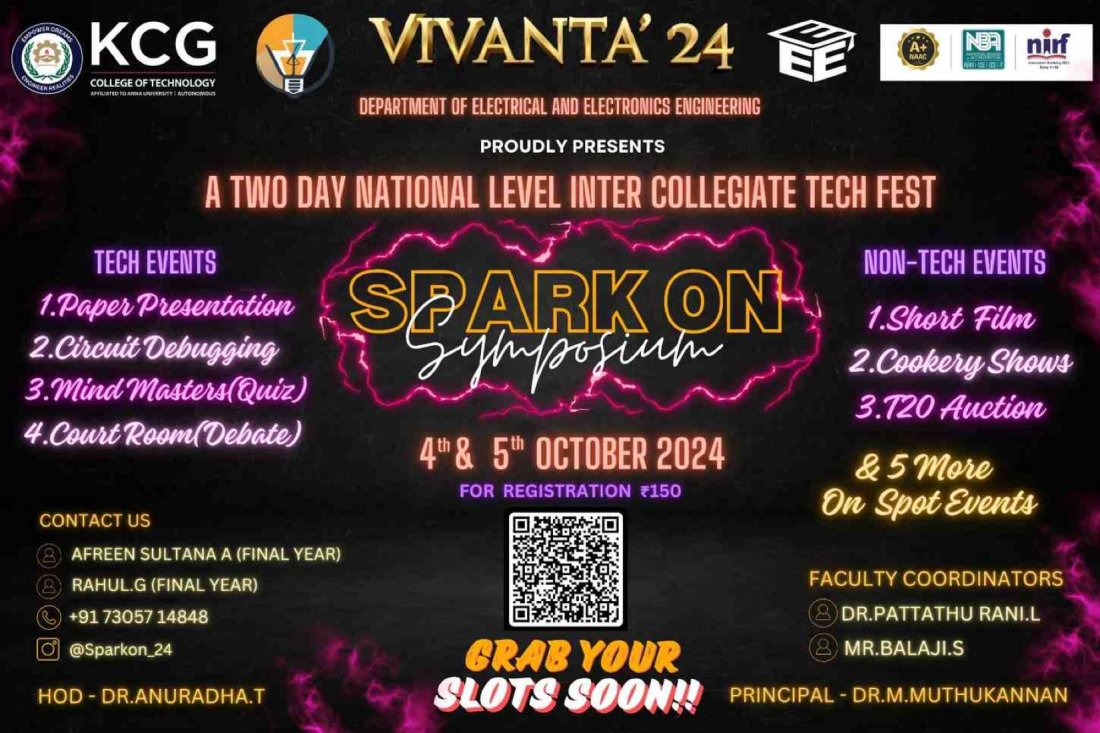 A Two days National level Inter College Tech Fest Sparkon 2024, KCG College of Technology ...