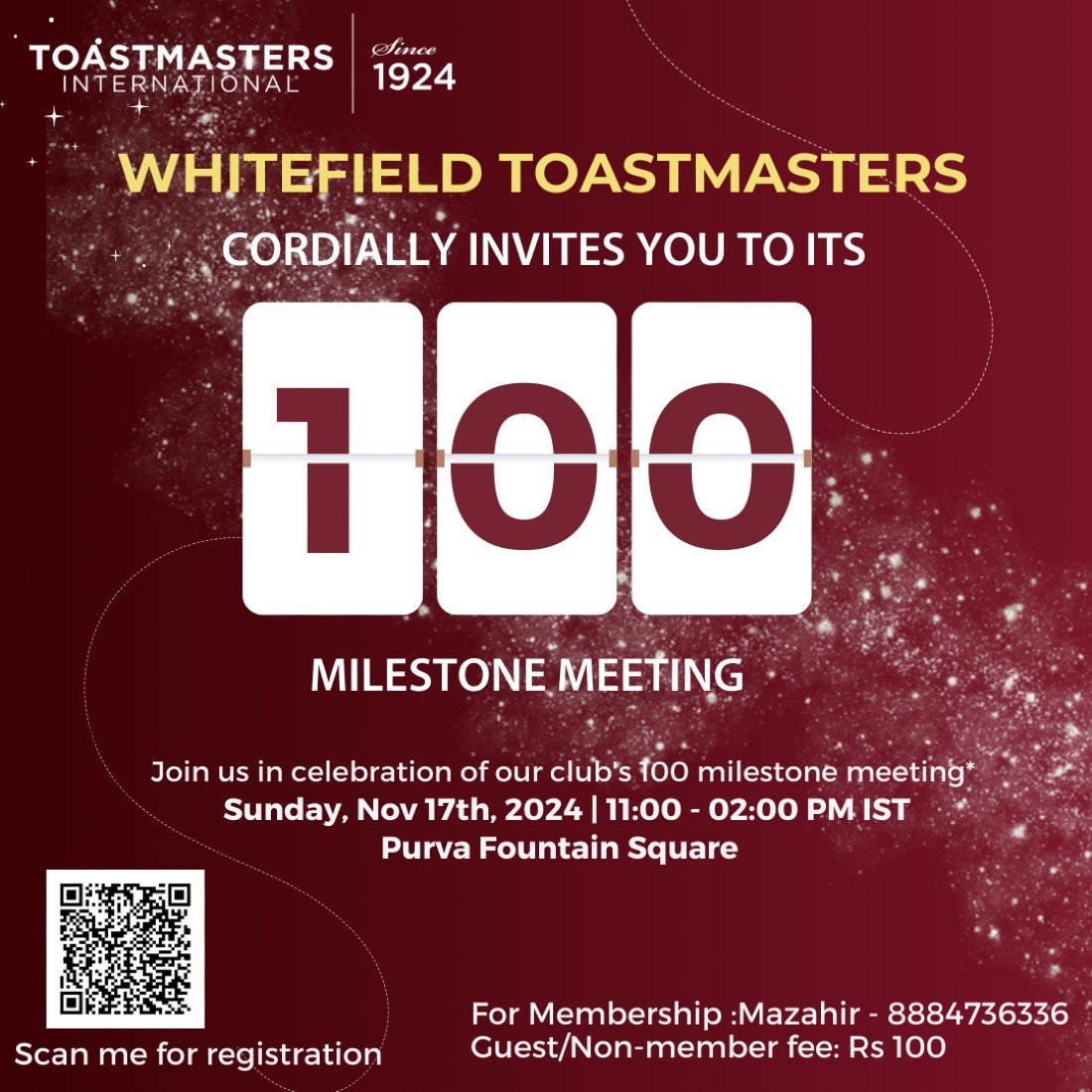 100th Milestone Meeting of Whitefield Toastmasters, Purva Fountain ...