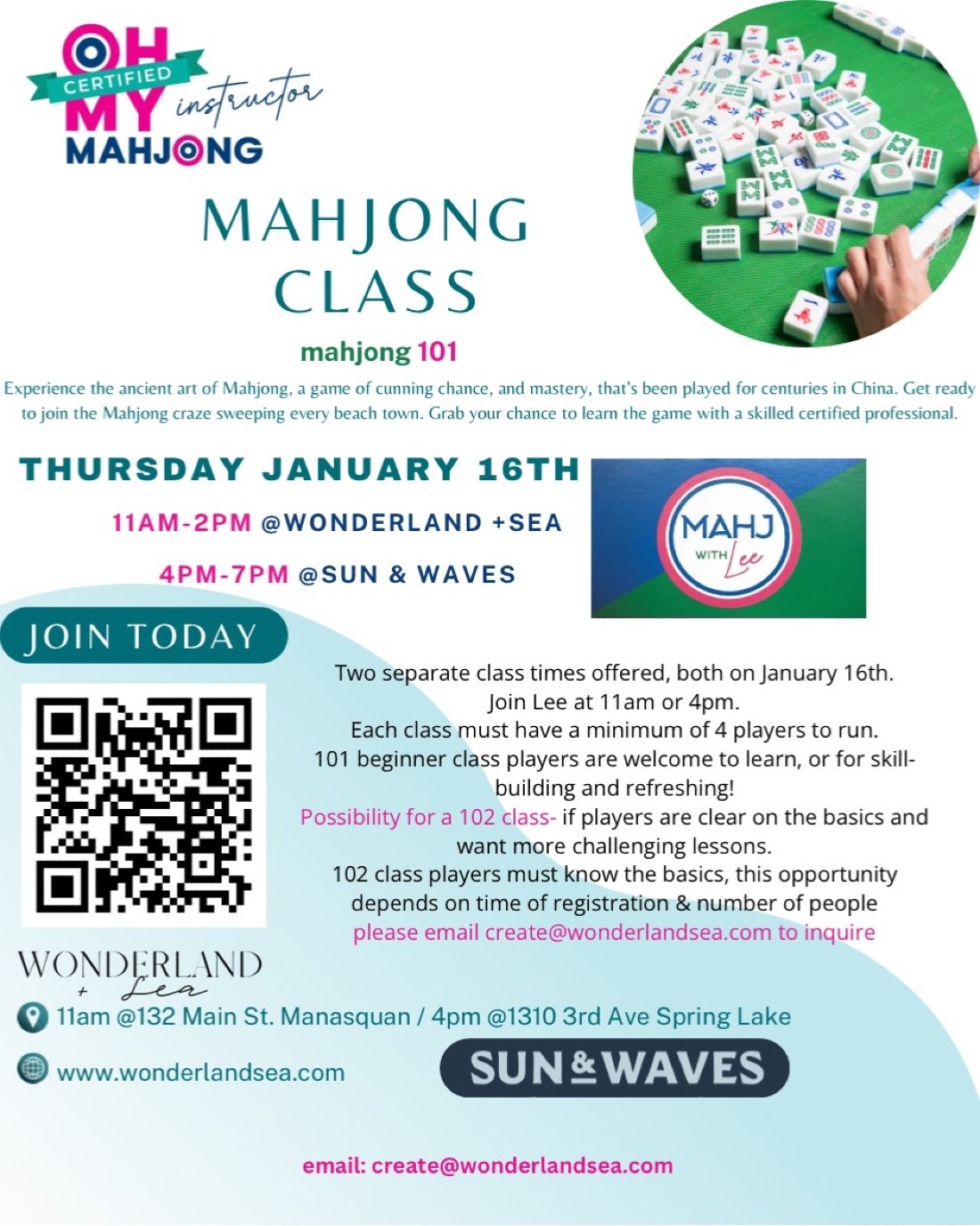 Mahjong 101 w/ Lee Tanner (day), Wonderland + Sea , Manasquan, 16 ...