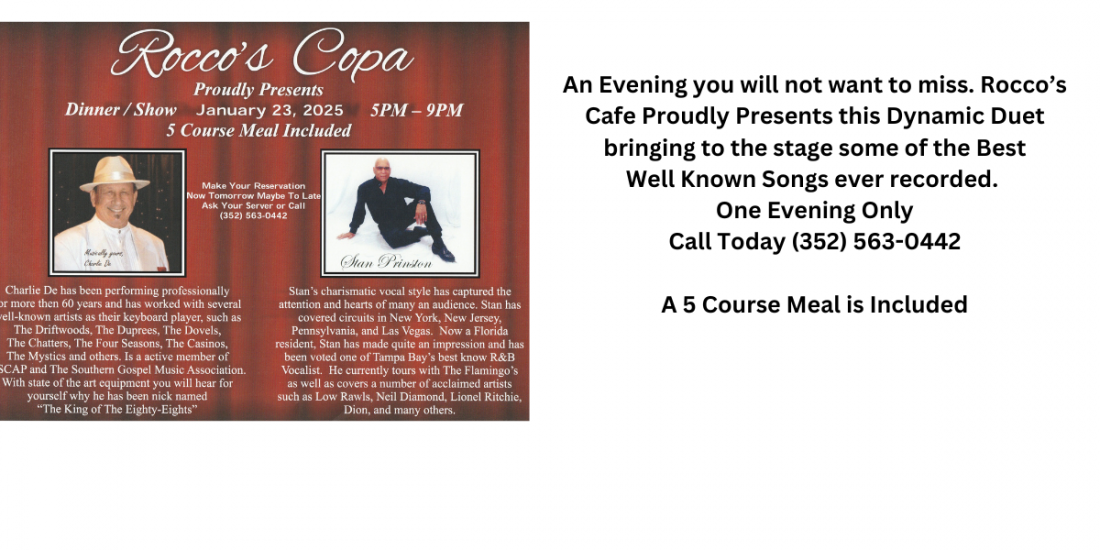 Dinner Show With Stan Prinston and Charlie De, Rocco's Pizza & Cafe ...