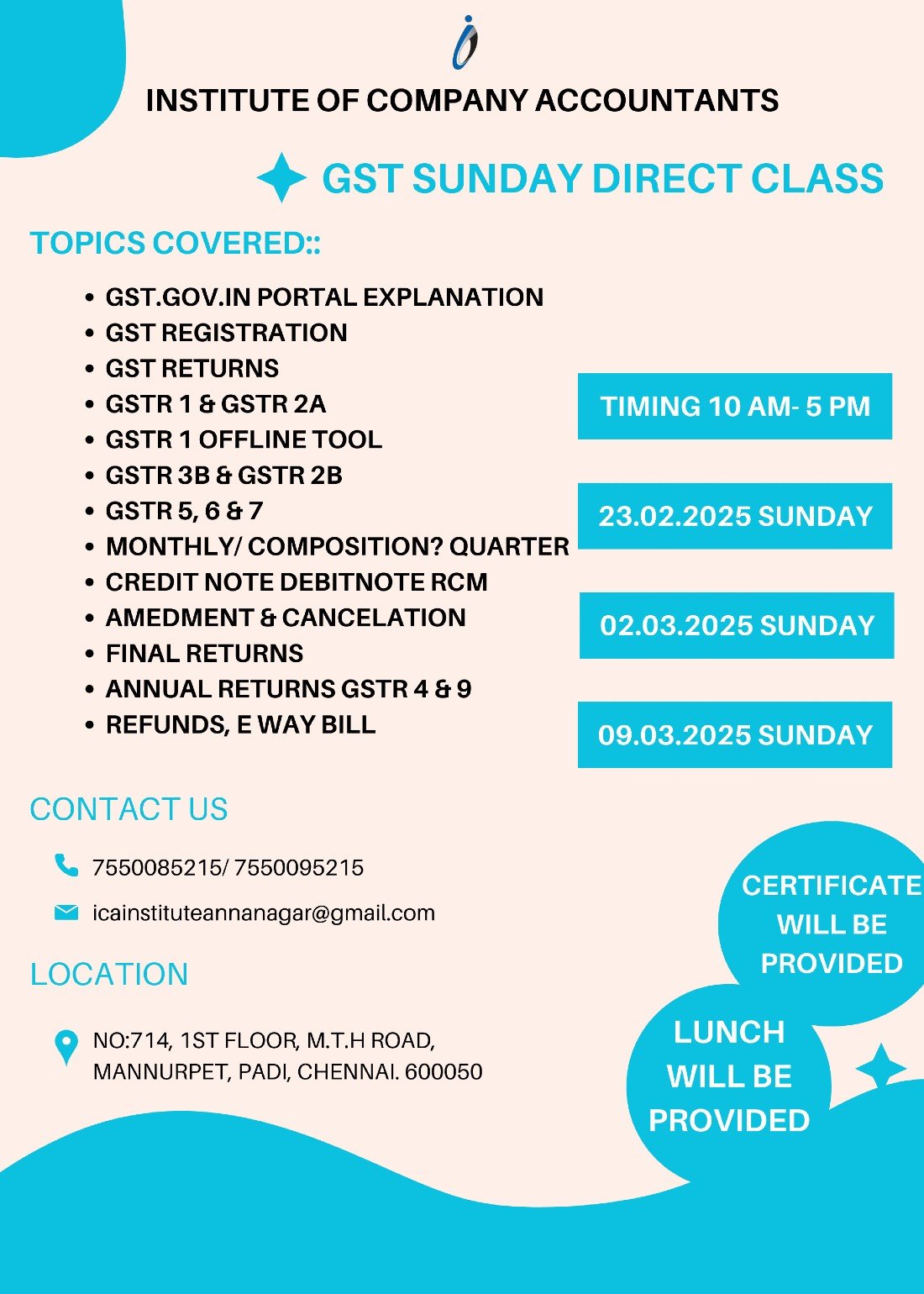 GOODS AND SERVICE TAX SUNDAY DIRECT CLASS (GST), MANNURPET BUS STOP ...