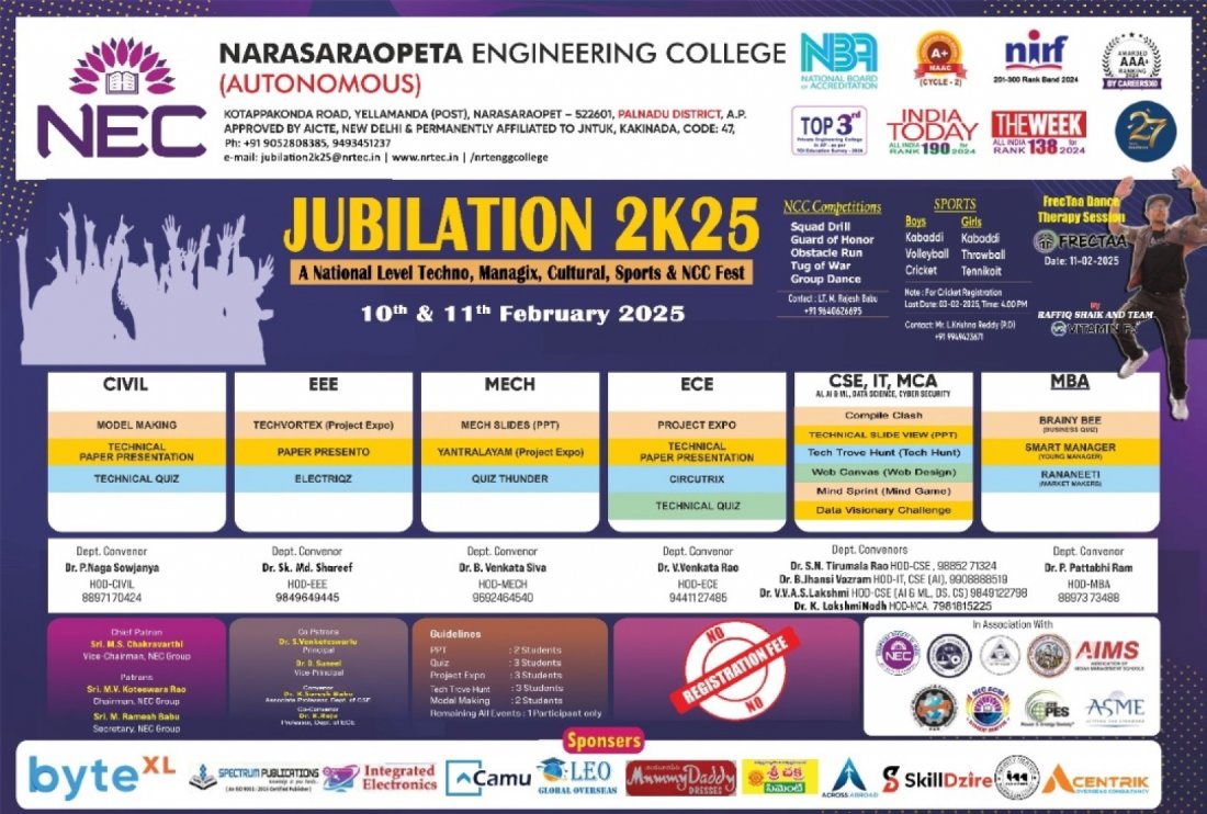 NEC JUBILATION 2K25, Narasaraopeta Engineering College (Autonomous), 10 February to 11 February ...
