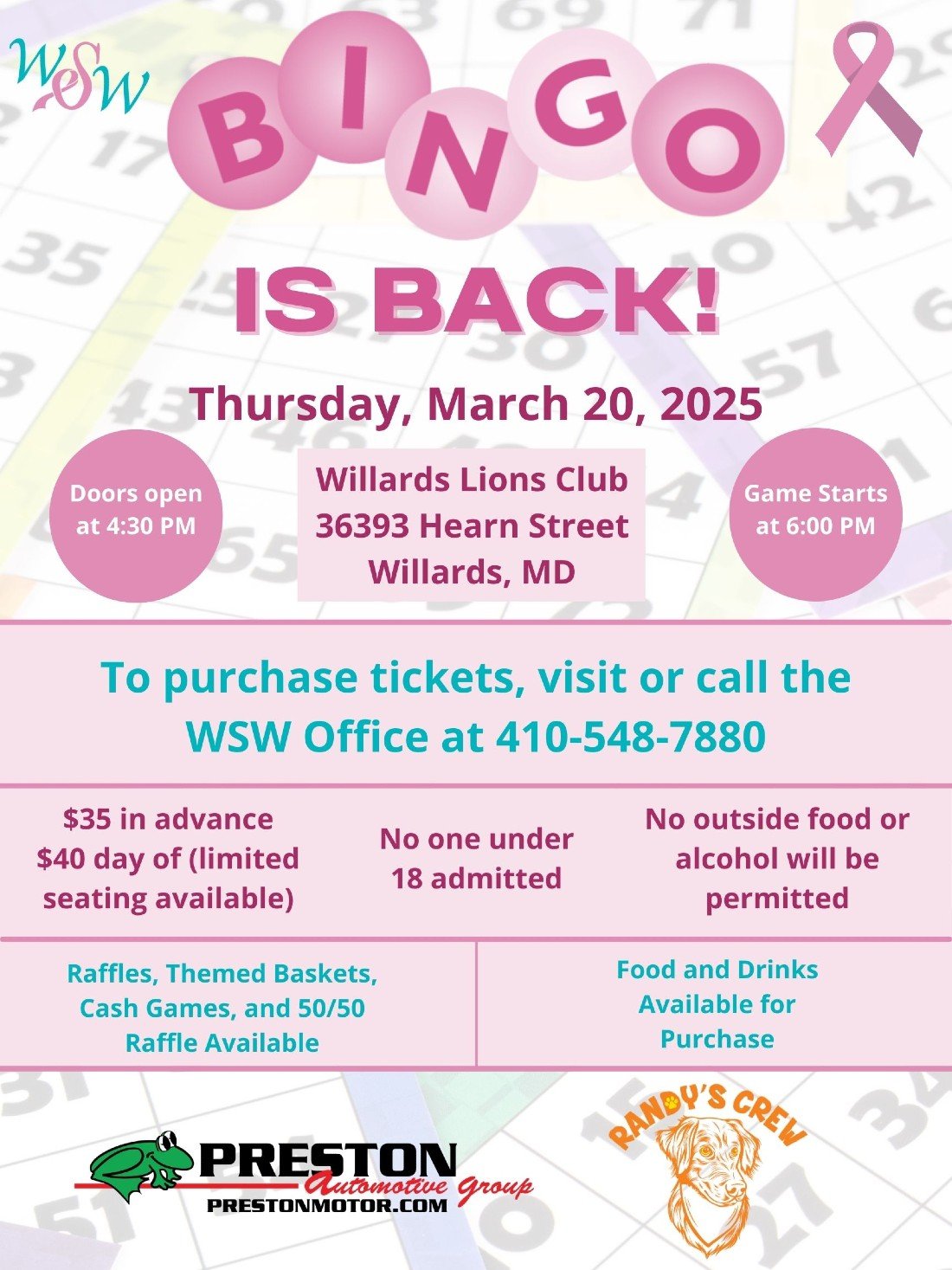 WSW 23rd Annual Pink Ribbon Bingo , Willards Lions Community Center, 20 ...