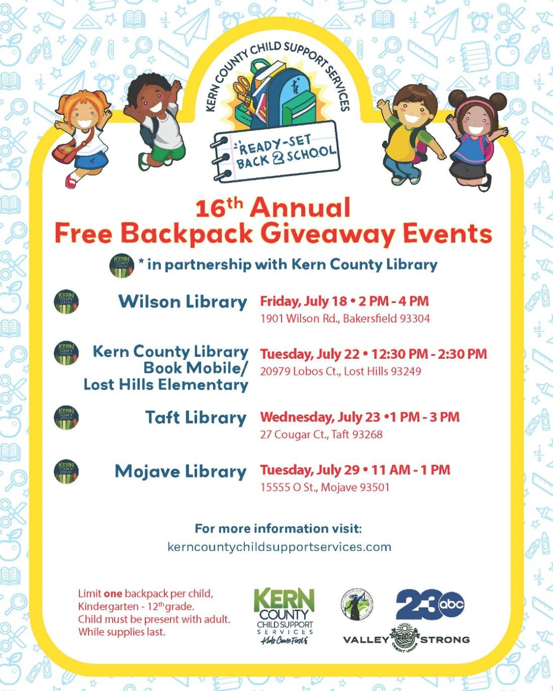 16th Annual Ready-Set Back 2 School Backpack Giveaway Events Tickets, Kern County, Bakersfield ...