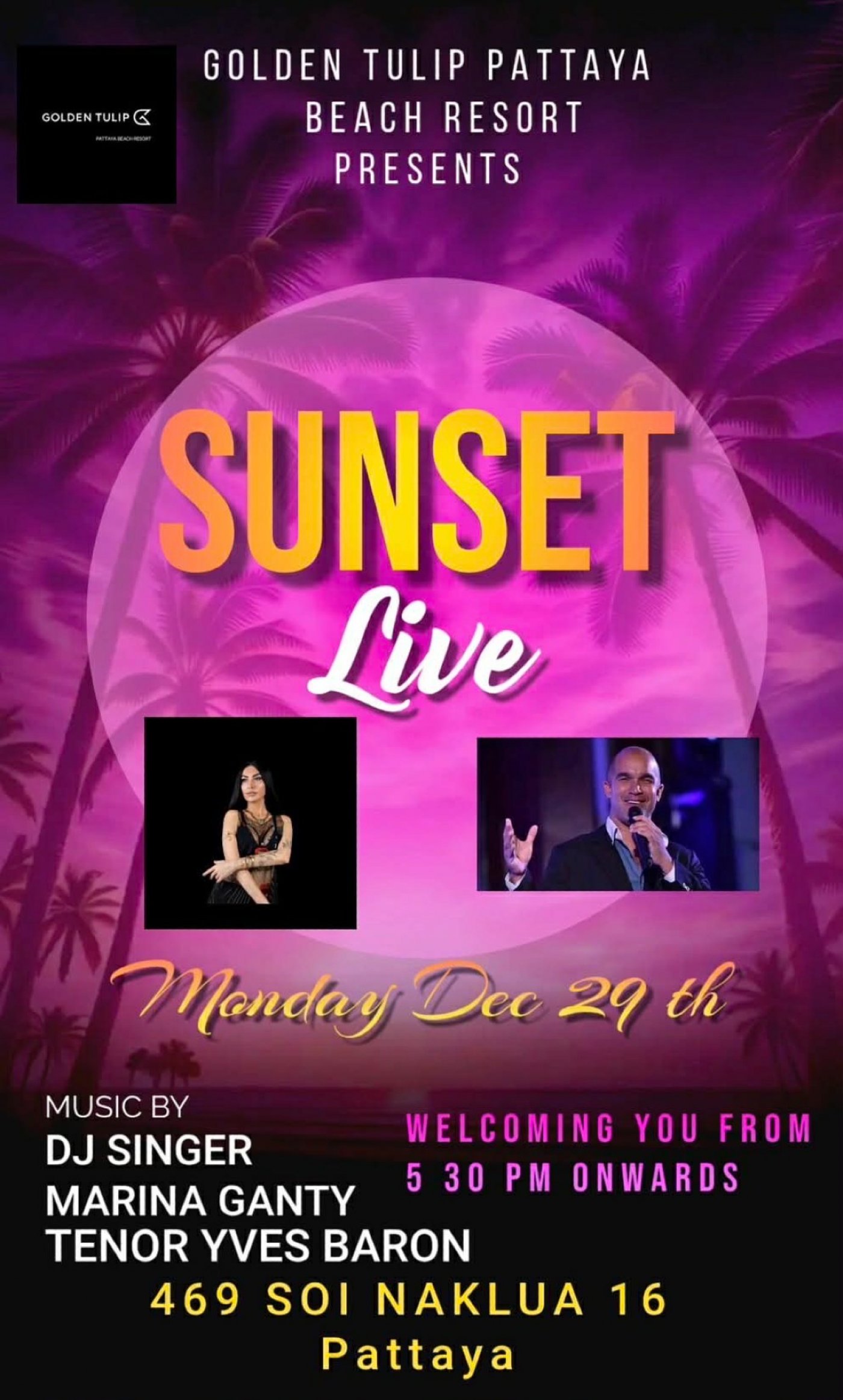 SUNSET LIVE MARINA GANTY YVES BARON MON DEC 29 TH GOLDEN TULIP PATTAYA ...