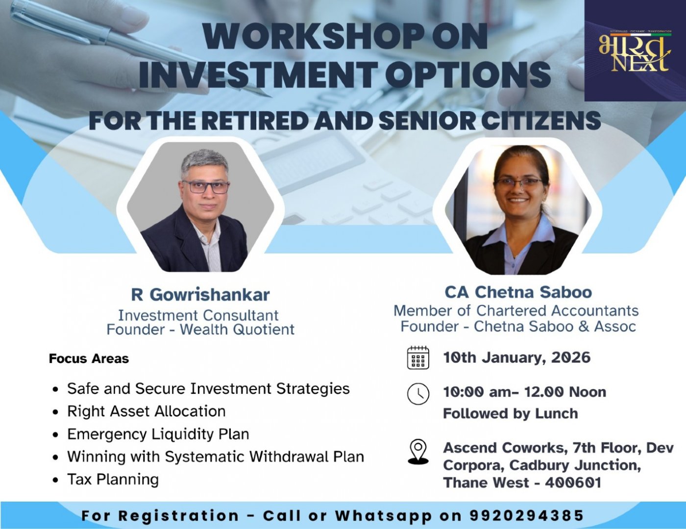BHARATNEXT present - Workshop on Investment Options for 60+ Citizens Tickets, Ascend Cowork ...